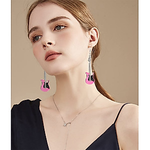 JIUIQL Fashion Cute Metal Black White Music Bass Electric Guitar Dangle Drop Earrings for Women Music Lovers teacher singer Hypoallergenic Personalized Jewelry Gifts (Pink)