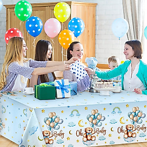 3 Pack Teddy Bear Baby Shower Tablecloth Plastic Table Cover Balloon Bear Rectangle Tablecloth for Boy Girl Gender Reveal Birthday Baby Shower Bear Theme Party Decor, 54 x 108 Inch (Blue)