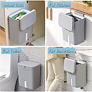 Tiyafuro Upgraded Hanging Trash Can with Lid, 2.4 Gallon Kitchen Compost Bin for Cabinet and Under Sink, Wall-Mounted Indoor Trash Bin for Bathroom Bedroom Office, Waste Bin