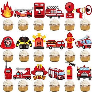 36pcs Fire Truck Party Cupcake Toppers Firefighter Baby Shower Decoration Fireman Themed Birthday Party Supplies Fire Engine Rescue Bday Cupcake Pick Decorations