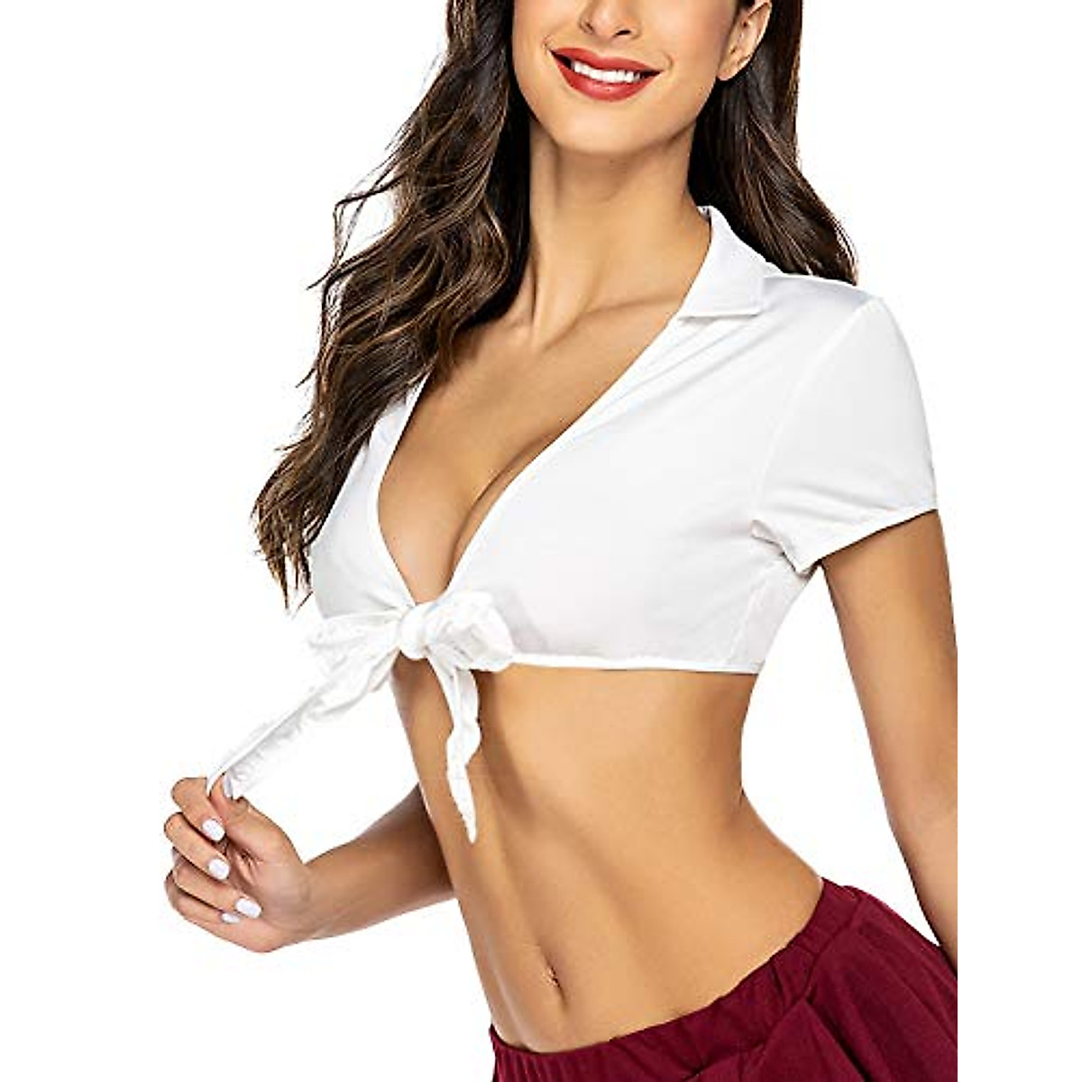 Avidlove Women's Sexy Tie Up Crop Top Short Sleeve Deep V Neck Casual Basic T Shirt