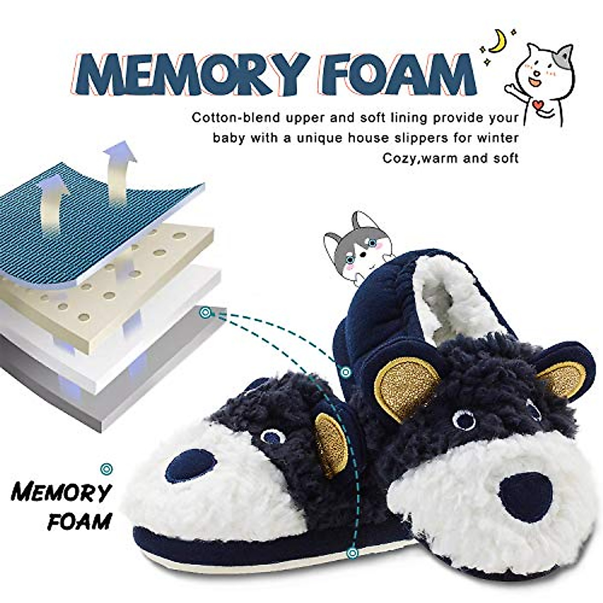 LA PLAGE Kids Boys Girls Cartoon Bear Slippers with Cozy Memory Foam Slip On Indoor Outdoor Little Kids House Slippers 1-2 US Black