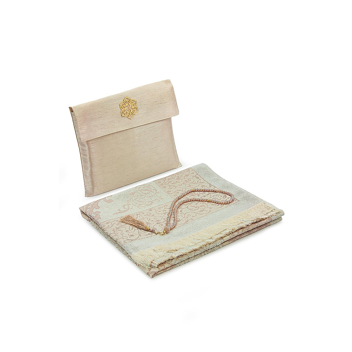 Muslim Prayer Rug and Beads with Elegant Slub Fabric Bag | Janamaz | Sajadah | Soft Islamic Prayer Rug | Islamic Gifts | Prayer Carpet Mat, Taffeta Fabric, Gold