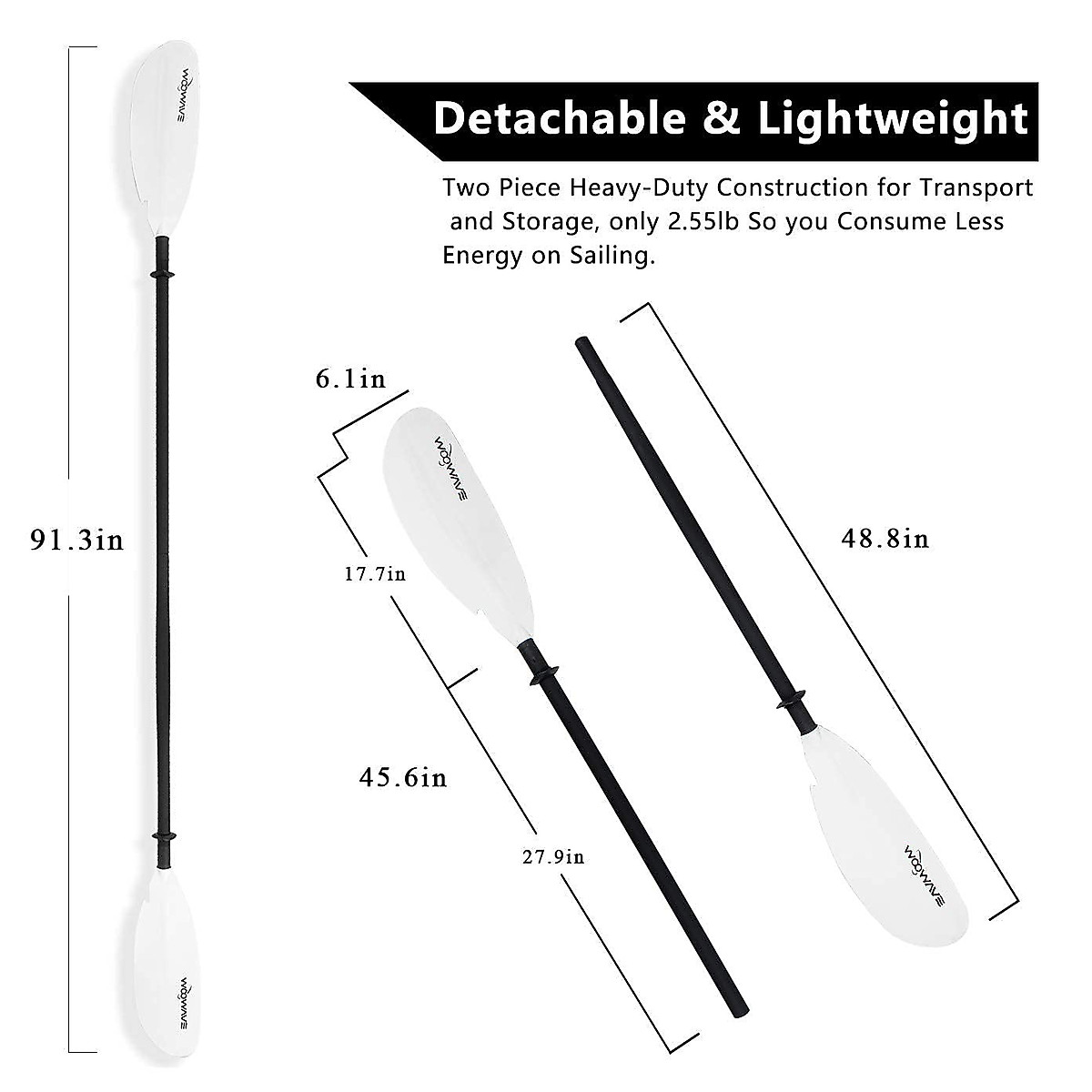 WOOWAVE Kayak Paddles Adjustable 91.3 inch/231cm Aluminum Shaft and Reinforced Fiberglass Blades,Lightweight Kayak Paddle for Kayaking Boating Oar with a Premium Paddle Leash (White)