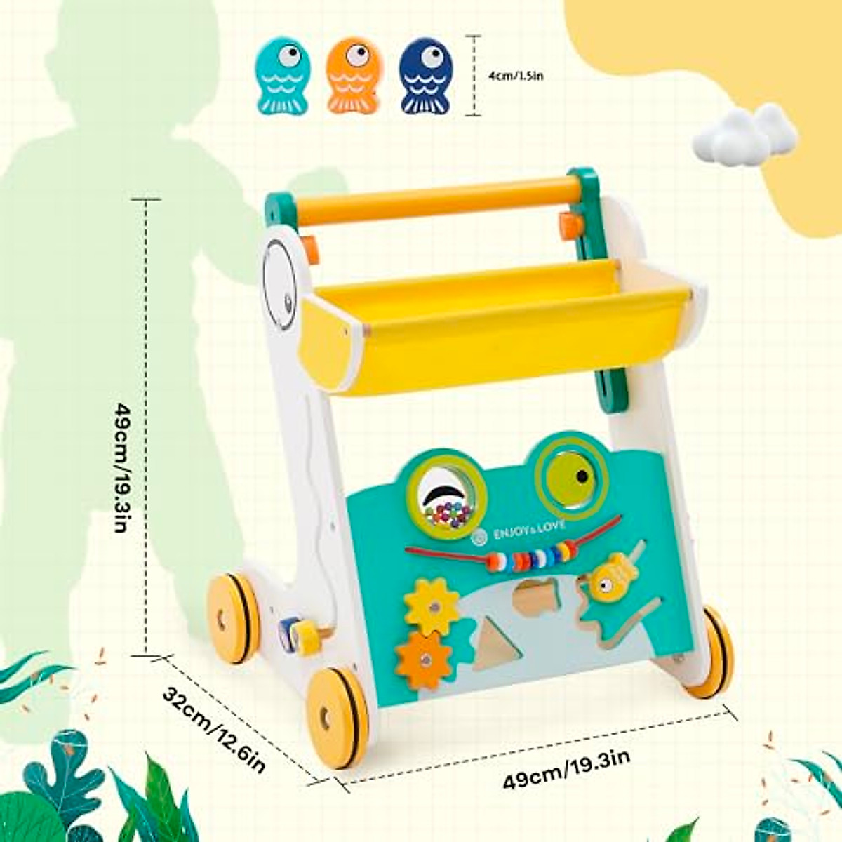 Wooden Baby Push Walker Wooden Push Toy Sit-to-Stand Learning Walkers for Baby Toddlers Baby Walker Activity Center Toys Fishing Game for 1+ Year Girls Boys Multi-Activity Learning Walker