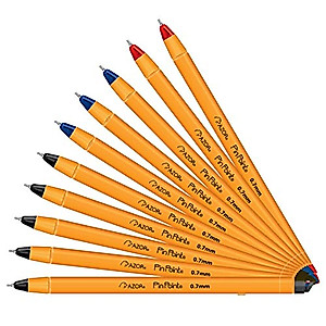 AZOR Yellow Pin Point Fine Point Writing Pens 0.7mm with Hole for Retractable Cord, Chain, Clipboard or Countertop – Assorted (10 Pieces: 5 Black, 3 Blue, 2 Red)