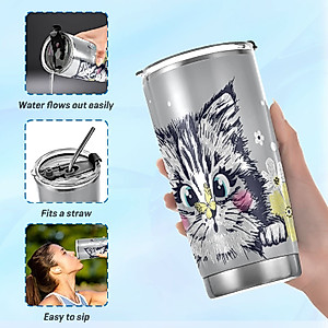 SLHKPNS Cute Kitten Butterfly Stainless Steel Tumbler with Lid and Straw Cat Vacuum Insulated Water Bottle Double Walled Travel Coffee Ice Cup for Cold Hot Drinks Home Office Car School 20 OZ