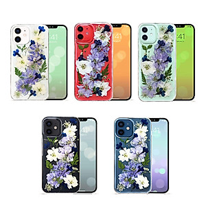 Abbery Designed for iPhone 12 Mini Case Pressed Flower Cute Clear with Design Soft Silicon TPU Rubber Dired Real Flroal Girl Woman Aesthetic Case for iPhone 12 Mini (Navy Flower)