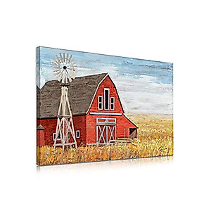 B BLINGBLING Barn Picture Canvas Wall Art: Old Rustic Red Barn Windmills Art Print Themed Decor for Home Decorations Framed Farmhouse Wall Decor Painting for Bathroom Kitchen 16"x12"