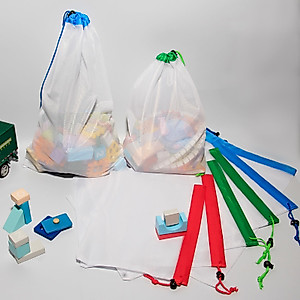 Toy Storage Bags, 10Pcs Reusable Mesh Bags and 2Pcs Large Clear Toy Storage Bags with Drawstring, Toy Organizer Bags for Kids Puzzle Building Blocks Balls and Dolls, Produce Bags for Fruits, Vegetable