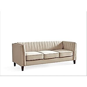Container Furniture Direct Modern Luxury Velvet Couch for Living Room with High Density Foam, Soft Fabric Upholstery, Removable Cushions and Solid Wood Legs, 83'' Wide 3 Seater Sofa, Beige