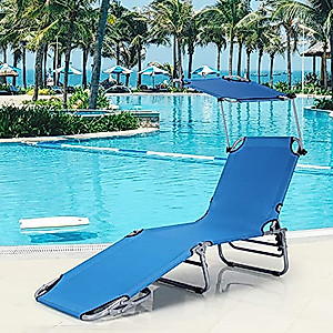 GYMAX Beach Chair with Canopy Shade, Folding Tanning Lounge with Adjustable Backrest, Carry Handle & Side Pocket, Sunbathing Chair for Outside, Patio, Poolside, Lawn (1, Navy)
