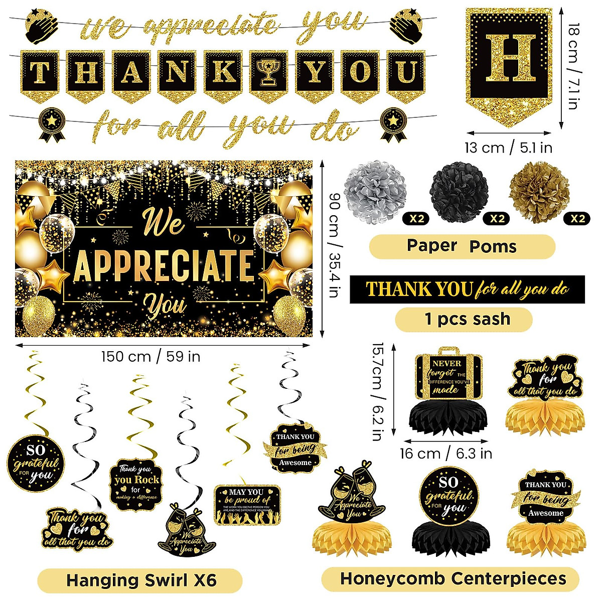 We Appreciate You Decorations Black Gold Thank You for All You Do Banner Honeycomb Centerpieces Hanging Swirls Employee Staff Appreciation Gifts Pastor Teacher Appreciation Fathers Day Party Decor