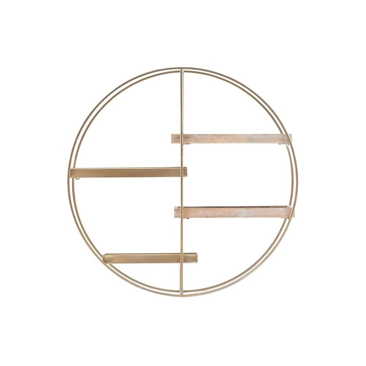 Linon Kenson Round Metal and Greywashed Wood Four Shelf Wall Storage in Gold