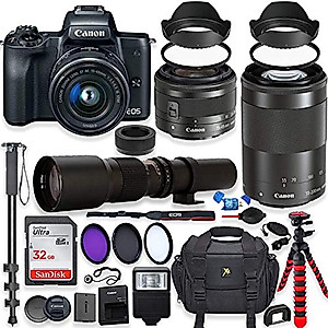 Canon EOS M50 Mirrorless Digital Camera with 15-45mm Lens Bundle + Canon EF-M 55-200mm f/4.5-6.3 is STM Lens & 500mm Preset Lens + 32GB Memory + Filters + Monopod + Professional Bundle (Renewed)