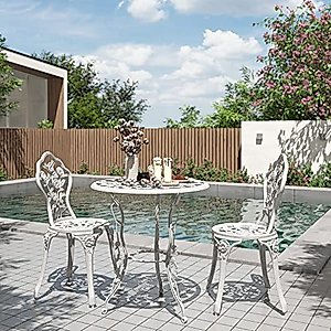 BELLEZE 3 Piece Bistro Set, Aluminum Bistro Table Set Outdoor Bistro Set, Weather-Resistant Garden Table and Chairs Wrought Iron Patio Furniture for Balcony Backyard, Rose Design - White