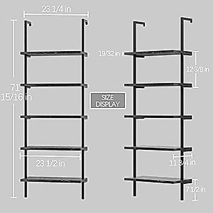 Bevfint 5-Tier Industrial Ladder Shelf Rustic Wall Mounted Metal Frame Bookcases, Multi-Use Open Shelf for Storage Organizer Plants Rack for Office and Home, Living Room, Bedroom - Black Marble Board