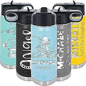 Personalized Kids Water Bottle 20oz with Flip-Top Lid and Straw, Thermos Kids Stainless Steel Insulated Flask, Your Name Engraved in USA by iProductsUS, Gifts for Girls Boys (17 Colors, 35 Designs)