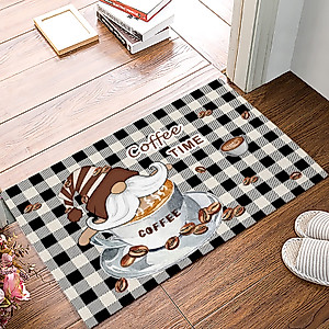 Coffee Gnomes Indoor Doormat Bath Rugs Non Slip, Washable Cover Floor Rug Absorbent Carpets Floor Mat Home Decor for Kitchen Bathroom Bedroom FUUNY Dwarf on Coffee Cup Buffalo Check Plaid 16x24in