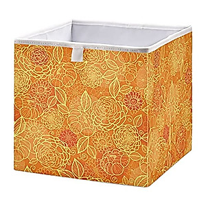 Orange and Golden Flowers Storage Bins Cubes Storage Baskets Fabric Foldable Collapsible Decorative Storage Bag with Handles for Shelf Closet Bedroom Home Gift 11" x 11" x 11"