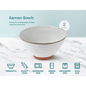 KooK Ramen Bowls, Terracotta Japanese, Microwavable, Dishwasher Safe, for Rice, Udon, Soba, Pho, 36 oz, with One Set of Wooden Chopsticks, Set of 2 (Cloudy White)