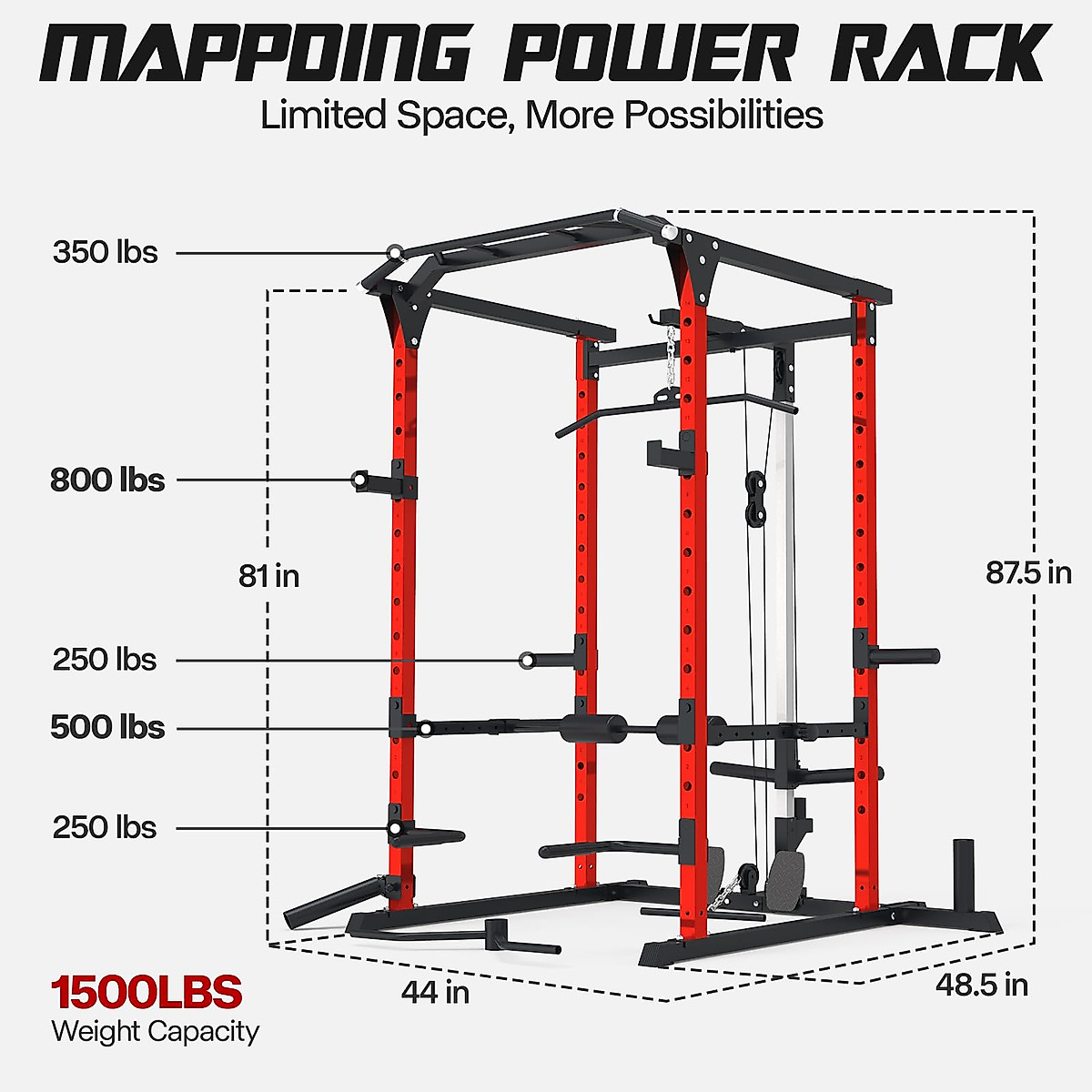 Mappding 1500 LBS Power Cage, Squat Rack for Home Gym with LAT Pullup System with 3 Grip Variations, Leg Hold-Down Attachment, Weight Cage with More Training Attachment for Garage Workout, Q2 Red