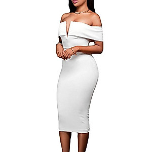 AlvaQ Women Off The Shoulder Evening Bodycon Club Midi Dress XX-Large White