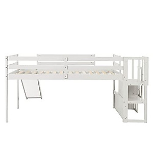 ERYE Twin Size Loft Bed with Slide and Storage Staircase, Wooden Bedframe Bedroom Furniture w/Full-Length Safety Guardrails & Shelves for Kids, Teens, Girls, Boys