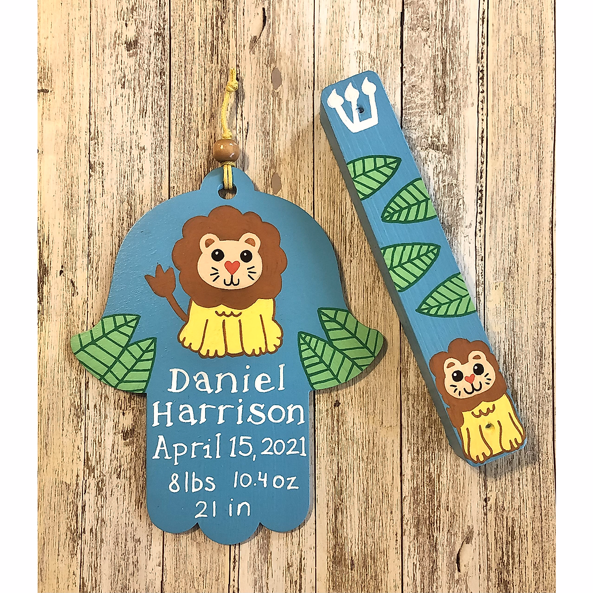 Hamsa and Mezuzah, Personalized Newborn Baby Boy Naming Bris Gift, Jungle Lion Design