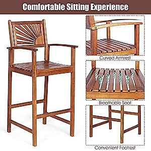 COSTWAY Bar Stools Set of 2, Outdoor Acacia Wood Bar Chairs with Sunflower Backrest, Curved Armrests & Breathable Seat, Ideal for Balcony, Sunroom, Patio, Easy Assembly (1)