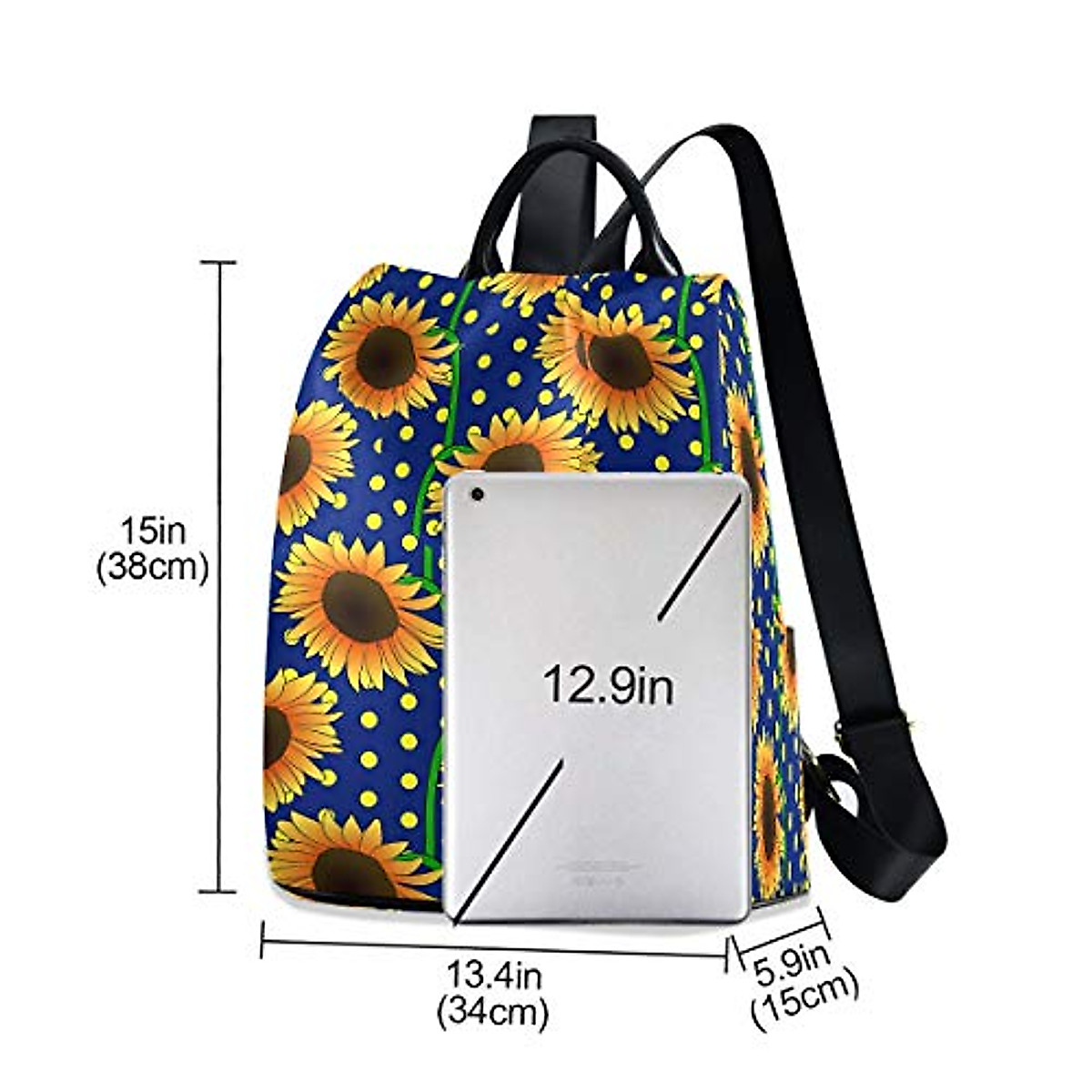 ALAZA Orange Sunflower Flowers On Blue Dotted Background Backpack Purse Anti-theft Casual Fashion Polyester Travel Rucksack Shoulder Bag for Women Girls
