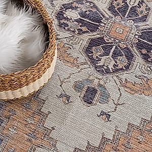 Bloom Rugs Washable 3x5 Rug - Orange/Blue/Beige Traditional, Distressed Area Rug for Living Room, Bedroom, Dining Room and Kitchen - Exact Size: 3' x 5'