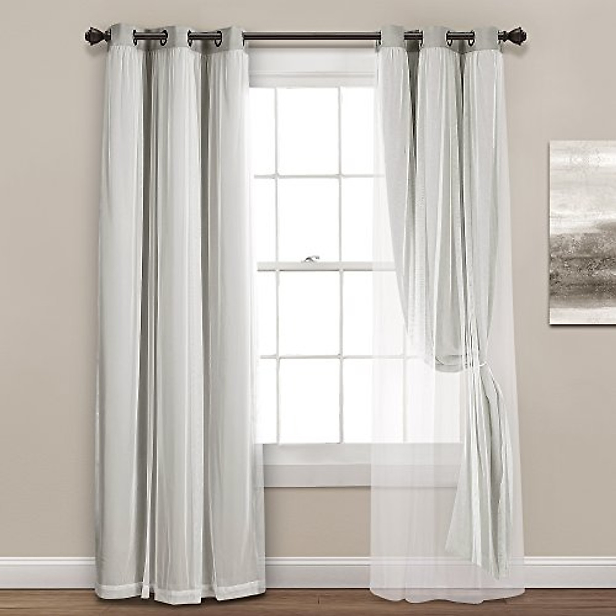 Lush Decor Sheer Grommet Curtains Panel with Insulated Blackout Lining, Room Darkening Window Curtain Set (Pair), 38"W x 84"L, Light Gray