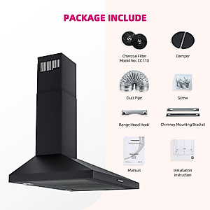 FIREGAS Black Range Hood 30 Inch, Wall Mount Kitchen Hood Ducted/Ductless Convertible, 450 CFM, 3-Speed Exhaust Fan, Stainless Steel Stove Vent for Kitchen with LED Lights, Charcoal Filters