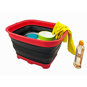 SAMMART 15L (3.9 Gallon) Collapsible Dishpan with Draining Plug - Foldable Washing Basin - Portable Dish Washing Tub - Space Saving Kitchen Storage Tray (Vermeil/Black)