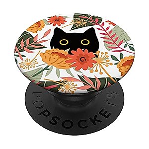 Funny Black Cat Hiding In Spring Flowers Floral Sage Green PopSockets Swappable PopGrip
