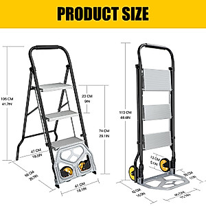 3 Step Ladder & Folding Hand Truck,One Step Folding into a 3 Step Stool with Wide Anti-Slip Pedal and Cushioned Handle,One Unfolding into a 2 in 1 Aluminum Dolly Cart for Moving Luggages Goods