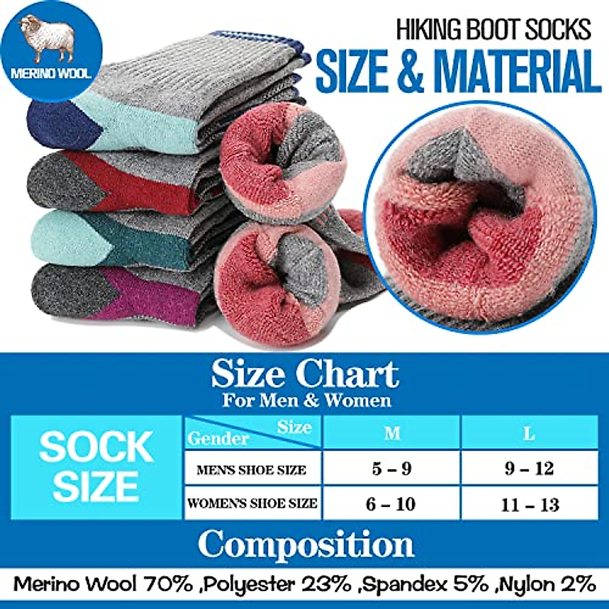 Merino Wool Hiking Socks for Women Men Warm Thermal Winter Cozy Boot Work Crew Socks Gifts Stocking Stuffers 5 Pairs (Light Stripes B,M)
