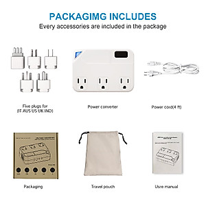 Travel Voltage Converter Step Down, 250W International Power Adapter for Hair Straightener/Curling Iron, Including UK/US/EU/AU/IT/India Universal Plug Adapter (White)