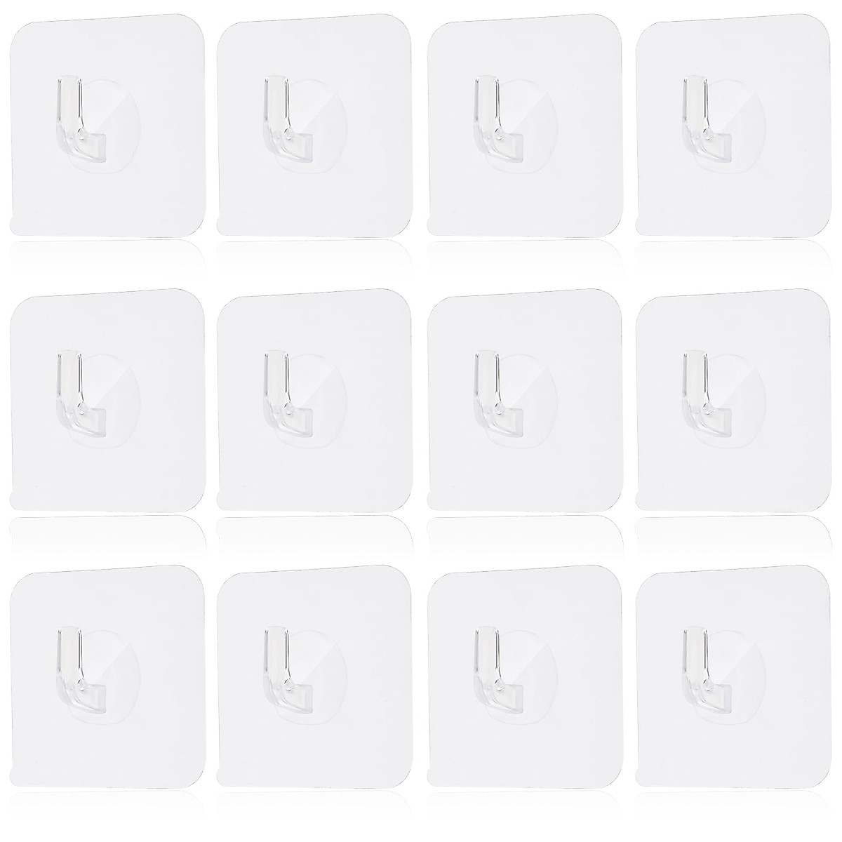 WLLHYF 12 Pack Self-Adhesive Small Wall Hooks Clear Square Plastic Strong Shower Pothook Heavy Duty Waterproof for Kitchen Bathroom Office Door Window Hanging Hat Towel Picture