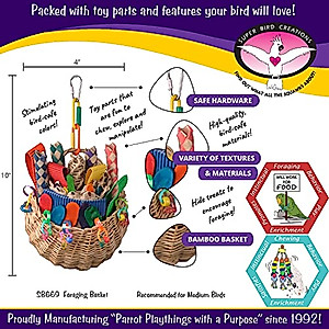 Super Bird Creations SB669 Wicker Foraging Basket Bird Toy with Array of Chewable Toys for Parrots, Medium Size, 10” x 4” x 5”, Varies, 1 Count (Pack of 1)