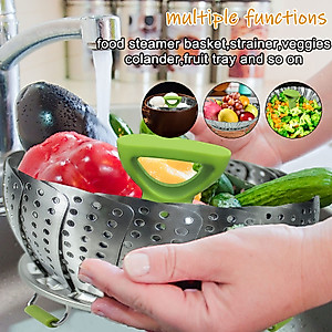 Stainless Steel Vegetable Steamer Basket for Cooking, Food Steamer Basket with Removable Center Handle for Veggie Seafood Cooking, mobzio Folding Expandable Steamer Basket Fit Various Size Pot