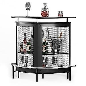 UPHYB Semi Cylindrical Home Bar Cabinet, High Top Bar Table with Metal Mesh Front, Wine Bar Cabinet with Goblet Holders and Footrest for Home