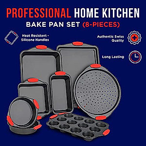 Baking Set – 8 Piece Kitchen Oven Bakeware Set – Deluxe Non-Stick Black Coating Inside and Outside – Carbon Steel – Red Silicone Handles – PFOA PFOS and PTFE Free by Bakken