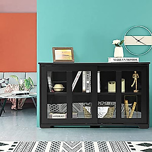 CHEFJOY Sideboard Buffet Cabinet, Kitchen Storage Cabinet with Adjustable Shelf & Glass Sliding Doors, Modern Wooden Console Table for Kitchen, Dining Room, Living Room, Entryway