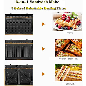 Sandwich Maker, 3 in 1 Waffle Maker, Grill, 750W, LED Indicator Lights, Cool Touch Handle, Anti-Skid Feet, Detachable Non-stick Coating, Easy to Clean,Black.