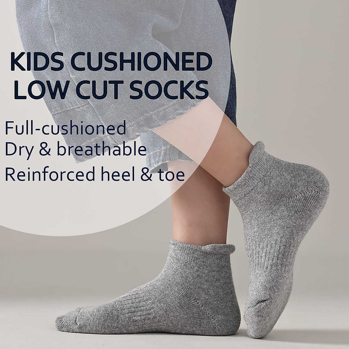 EPEIUS Kids Cushioned Socks Low Cut/Ankle Running Socks Thick Cotton Athletic Sports Socks for Boys Girls 6 Pack 7-10 Years,Black White Light Grey