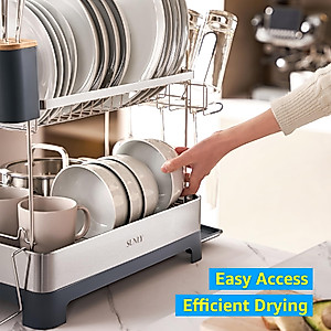 SUNLY Large Dish Drying Rack, Dish Racks for Kitchen Counter, 304 Stainless Steel Kitchen Drying Rack, Multipurpose 2 Tier Dish Drying Rack, Extra Large Dish Dryer with Rotatable Spout, Gray