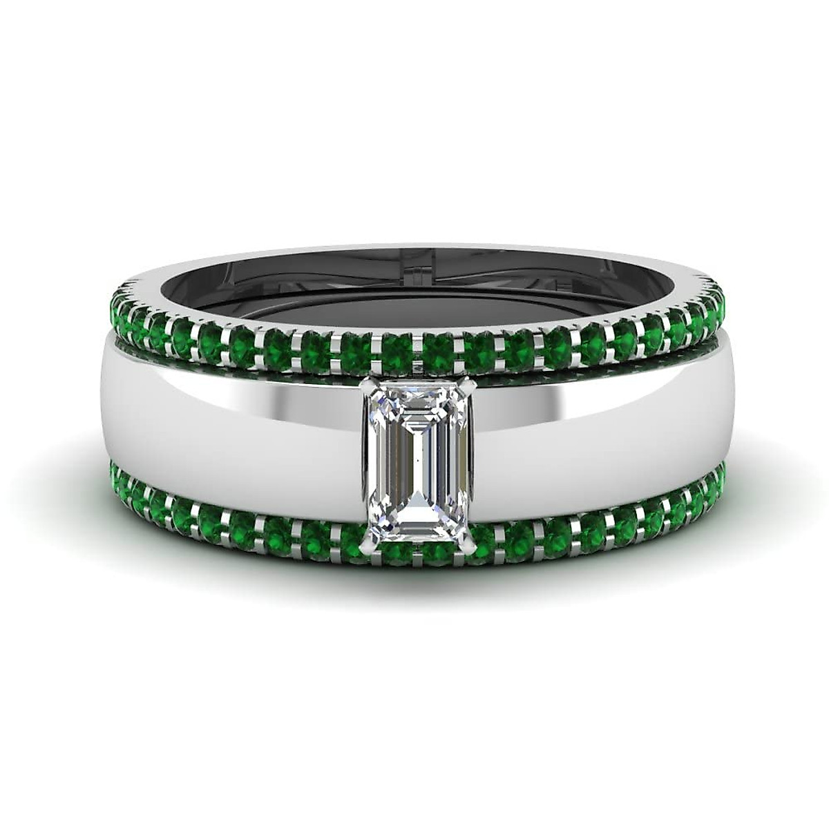 CaratYogi Solitaire Ring With Diamond Band sterling silver Created Emerald Emerald shape Green color Trio Wedding Ring Sets NO setting in Size 5 Minimal Surprise Gifts for Ladies