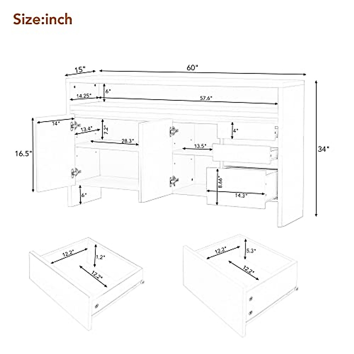 VZADGWA Modern Sideboard Buffet Storage Cabinet with Drawers & Adjustable Shelves, Free Standing Cabinet Kitchen Console Table for Dining Living Room, Entryway, MDF, White